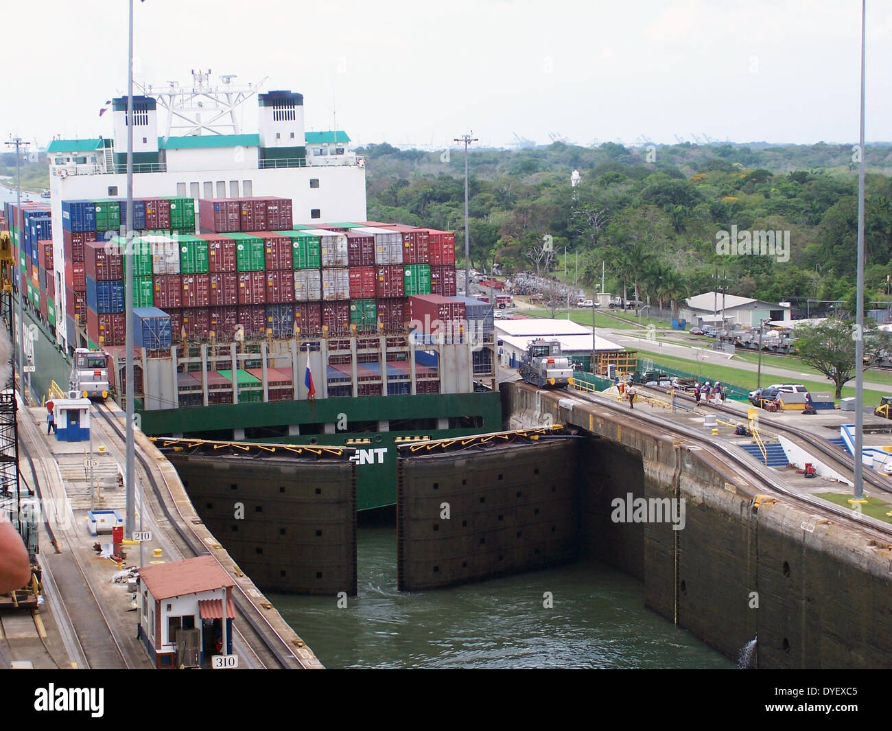Container vessel, "Ever Decent" passing through a lock in the Panama ...