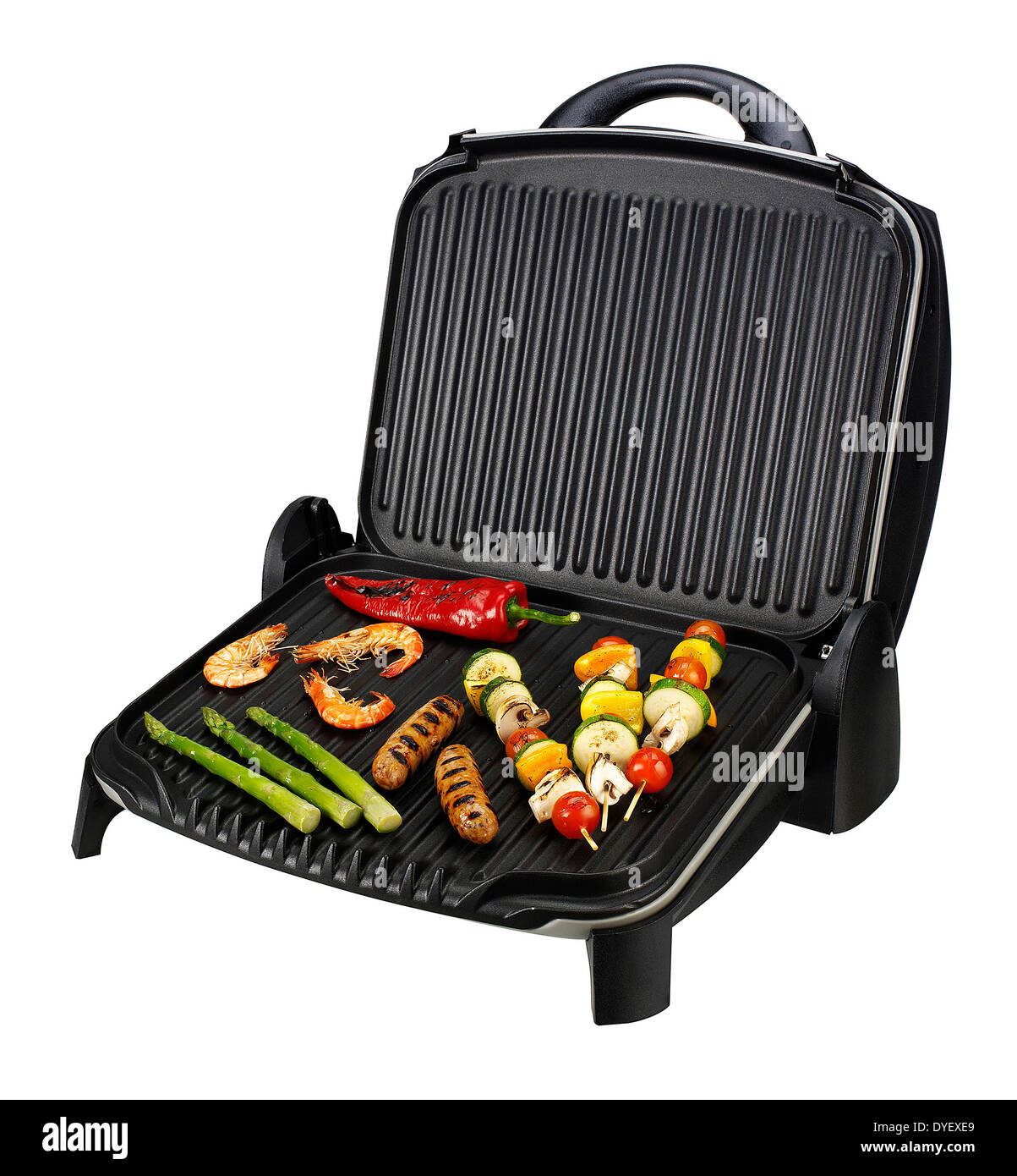 A BREVILLE GRILLING MACHINE WITH A SELECTION OF BBQ FOOD ON, PRAWNS ...