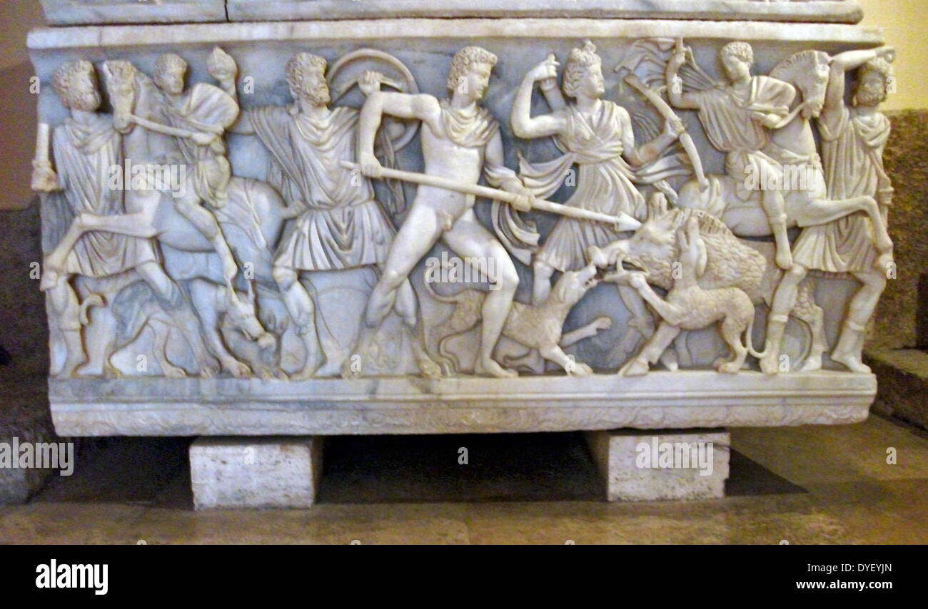 Roman Sarcophagus Featuring Scenes Of The Calydonian Boar Hunt Made