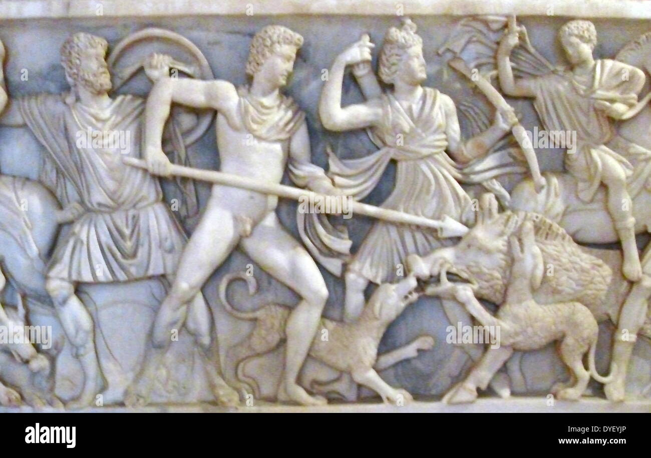 Roman Sarcophagus Featuring Scenes Of The Calydonian Boar Hunt Made