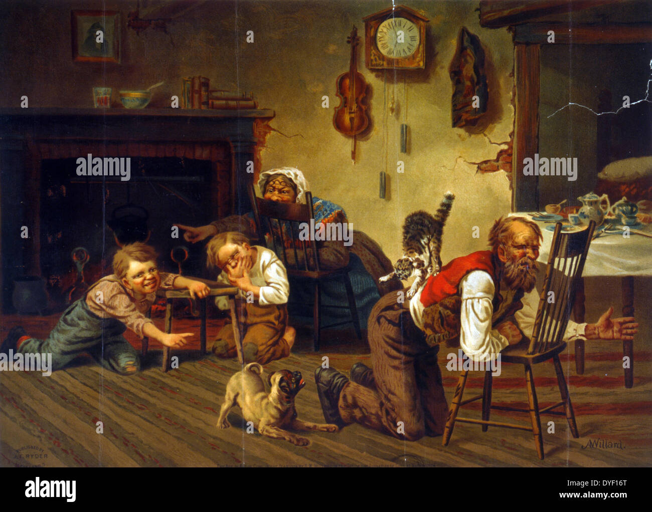 Two children enjoying the commotion caused at meal time when a dog has ...