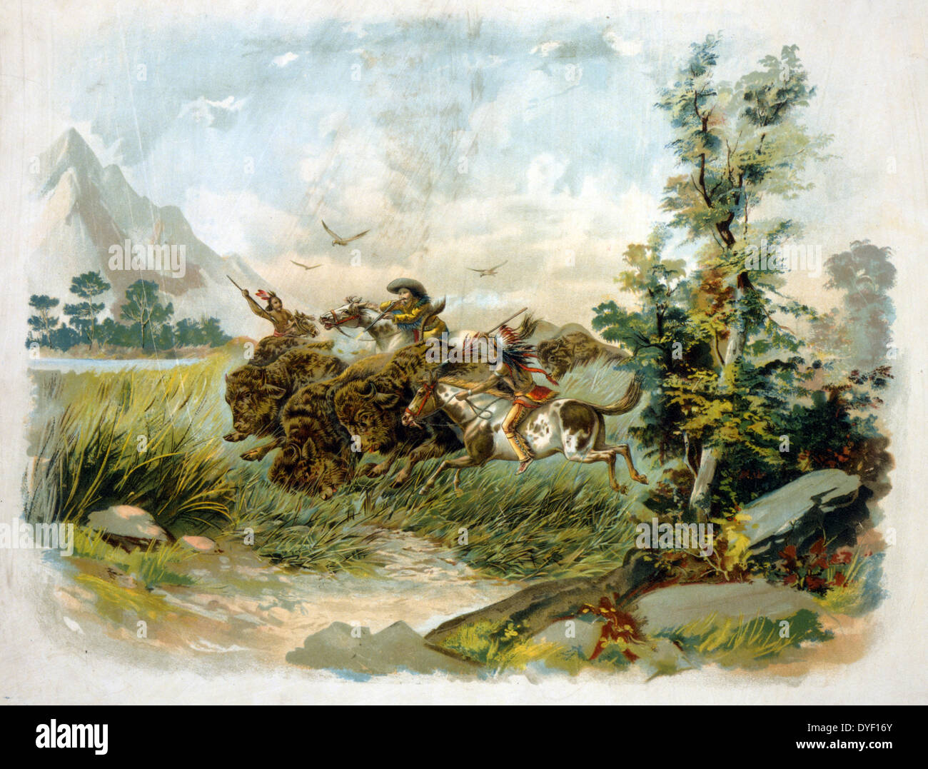 Buffalo hunt in the wild west Published 1897. A buffalo hunter shooting ...