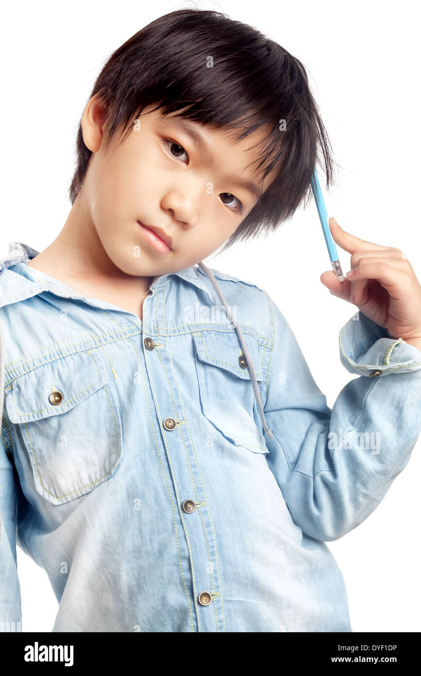 Boy thinking isolated on white background Stock Photo - Alamy
