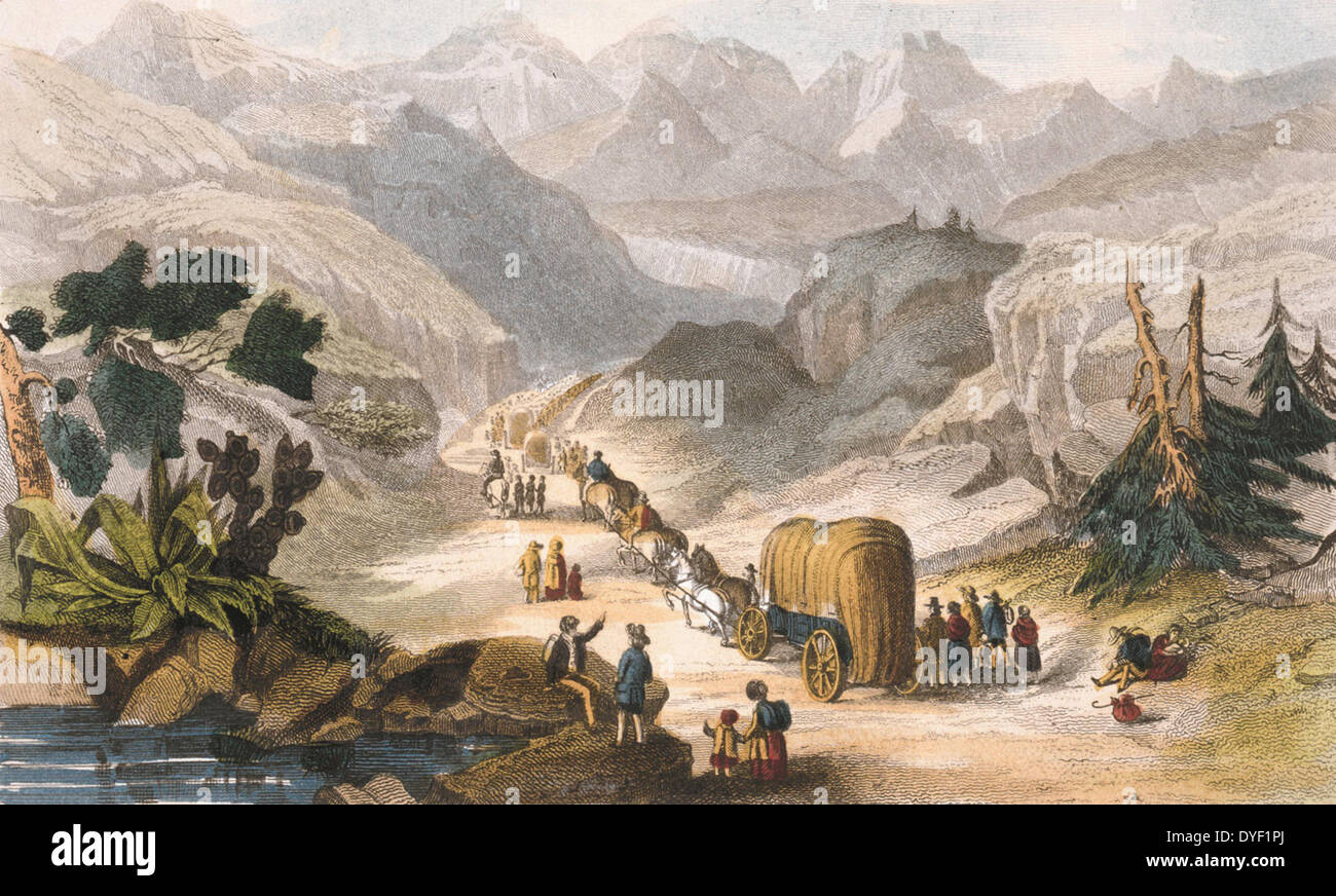 Emigrant party on the road to California 1850. Wagon train of women ...