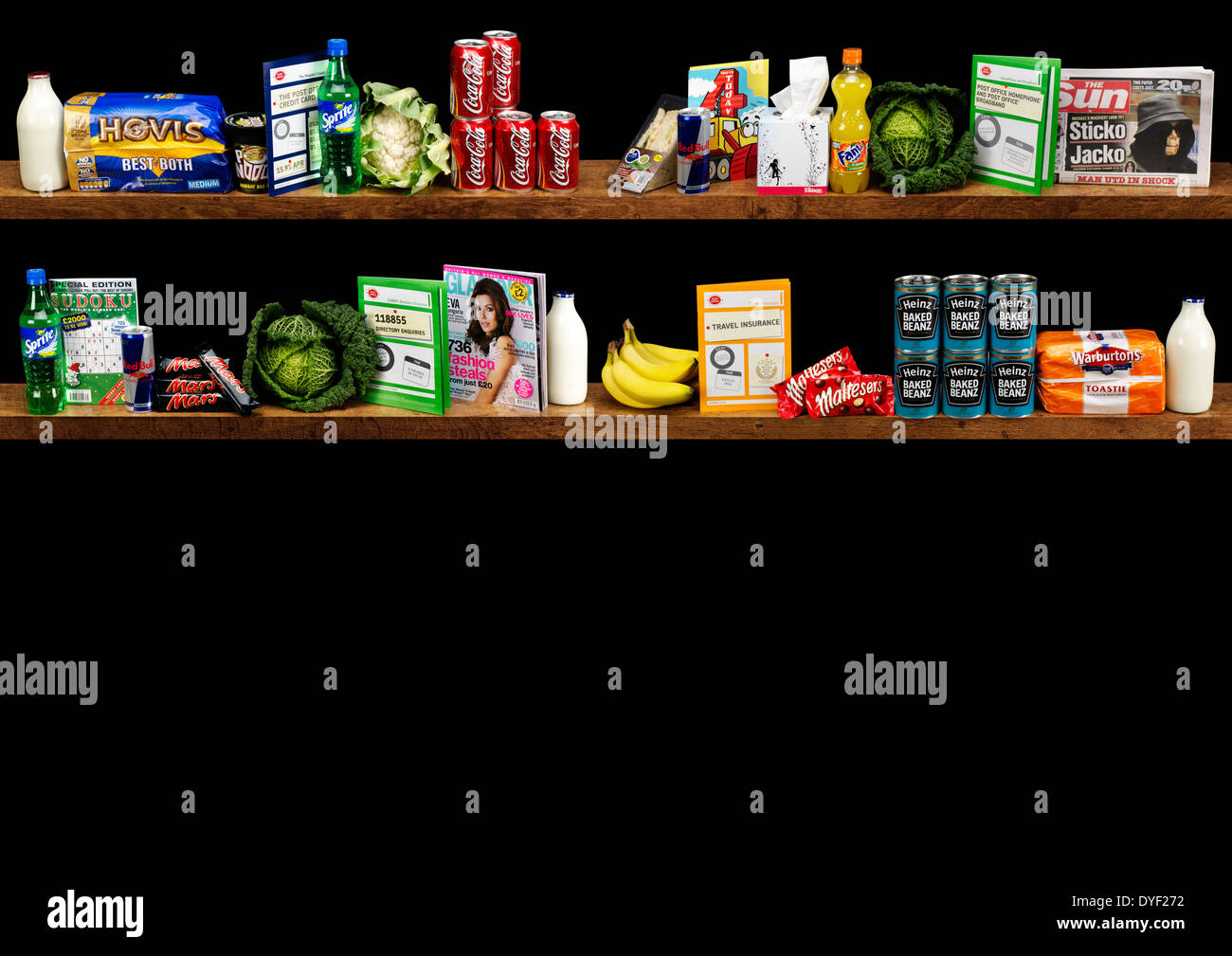 ASSORTED GROCERIES ON TWO WOODEN SHELVES ON A BLACK BACKGROUND Stock ...