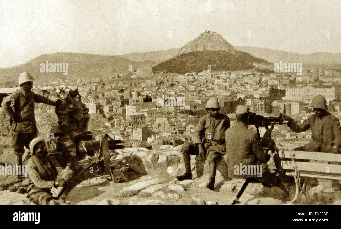 Greek soldiers at an artillery post, ready to defend Athens in World ...