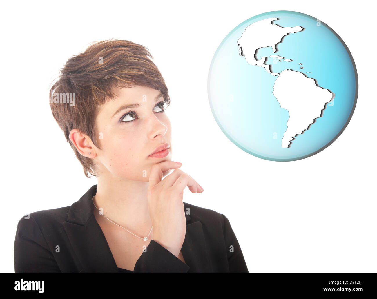 Young woman looking at earth globe isolated on white background ...