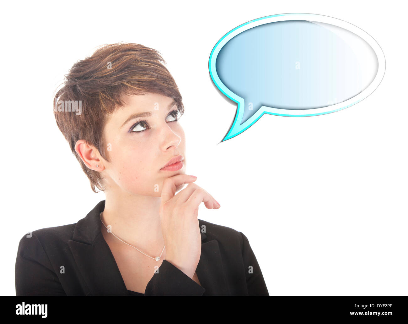 Young woman with blue text balloon isolated on white background Stock ...