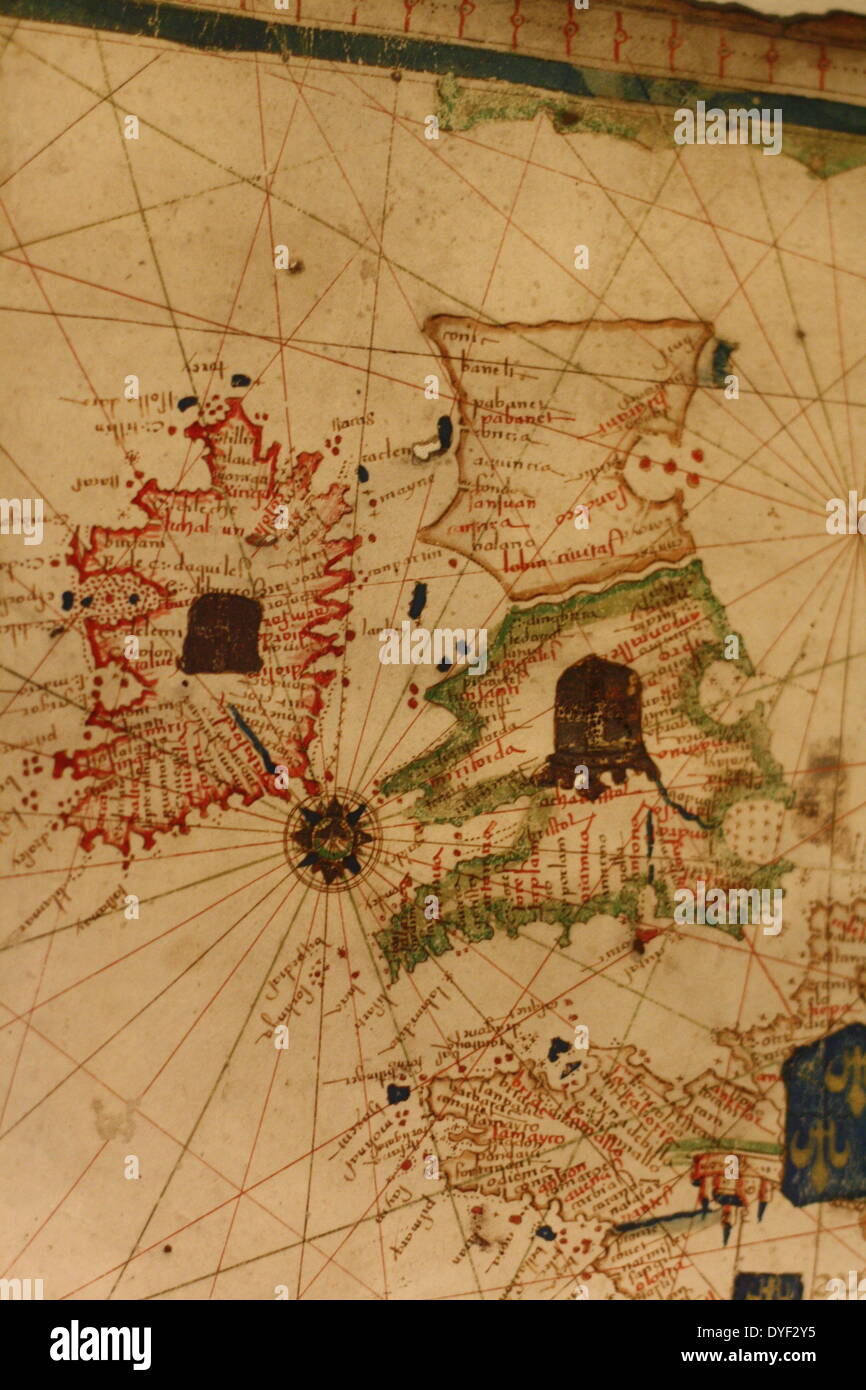 Detail from an illustrated navigational map of Europe, from 1528. Made ...