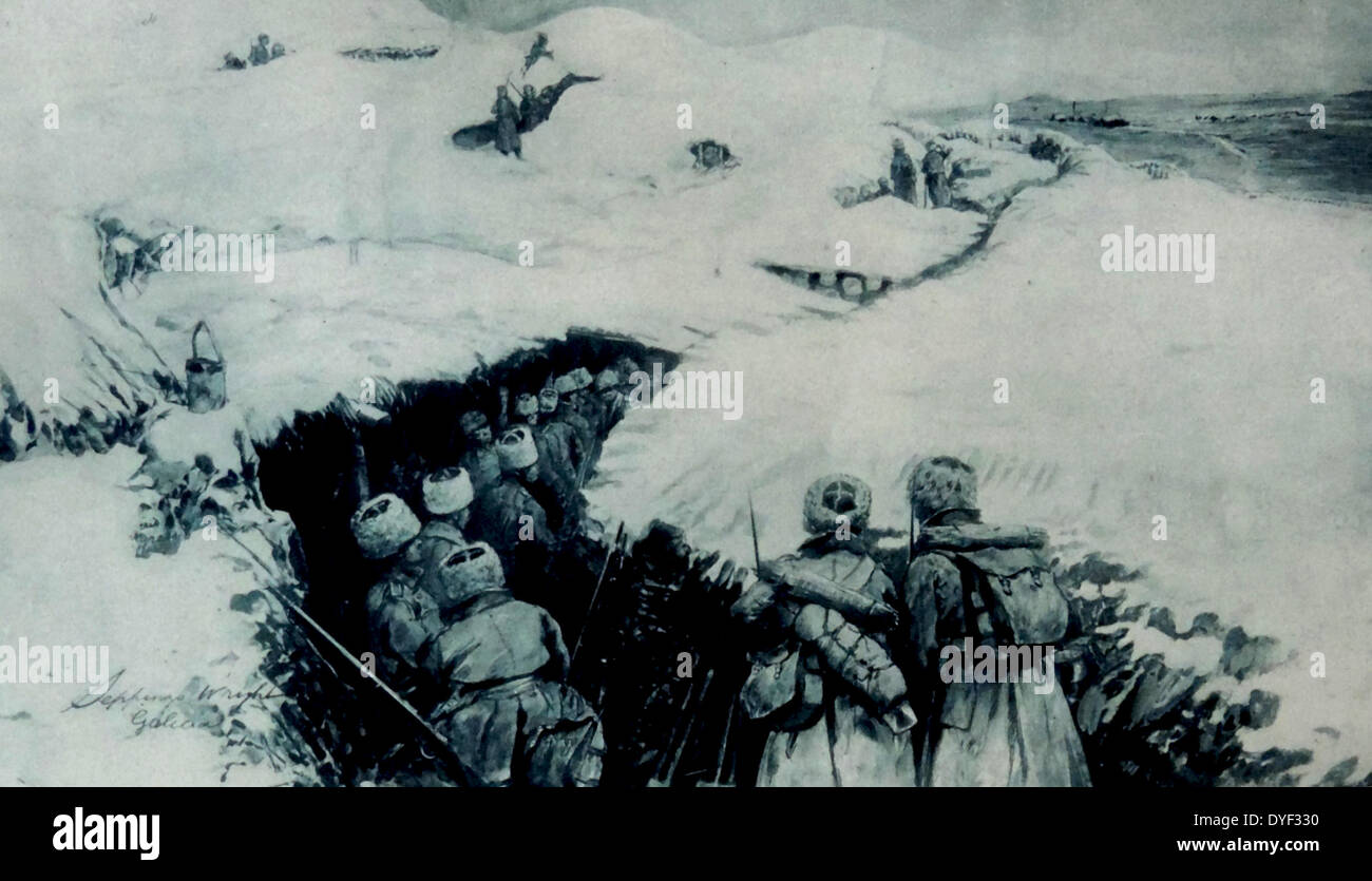 world war one Russian troops advance through a snow covered trench in ...