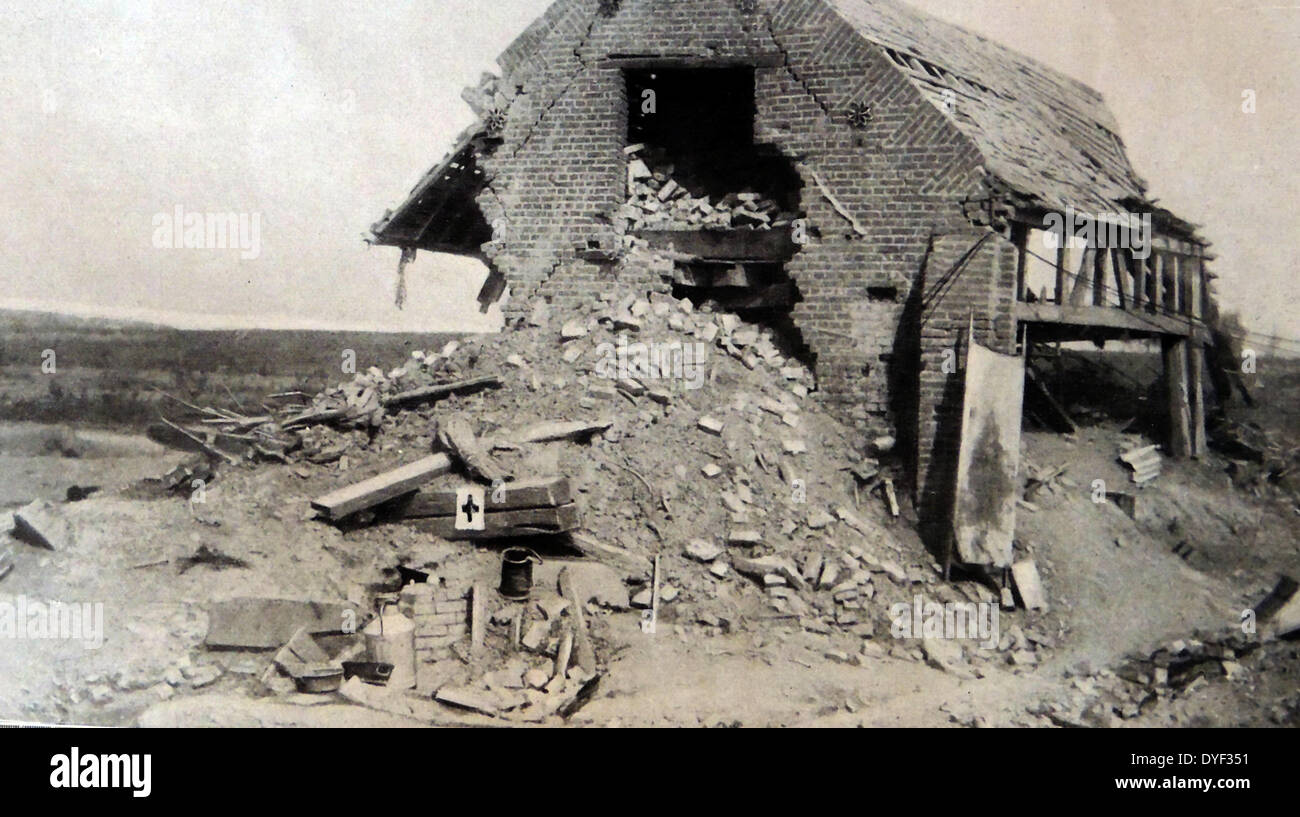 destruction of a house in Biaches, France, during world war one. 1916 ...