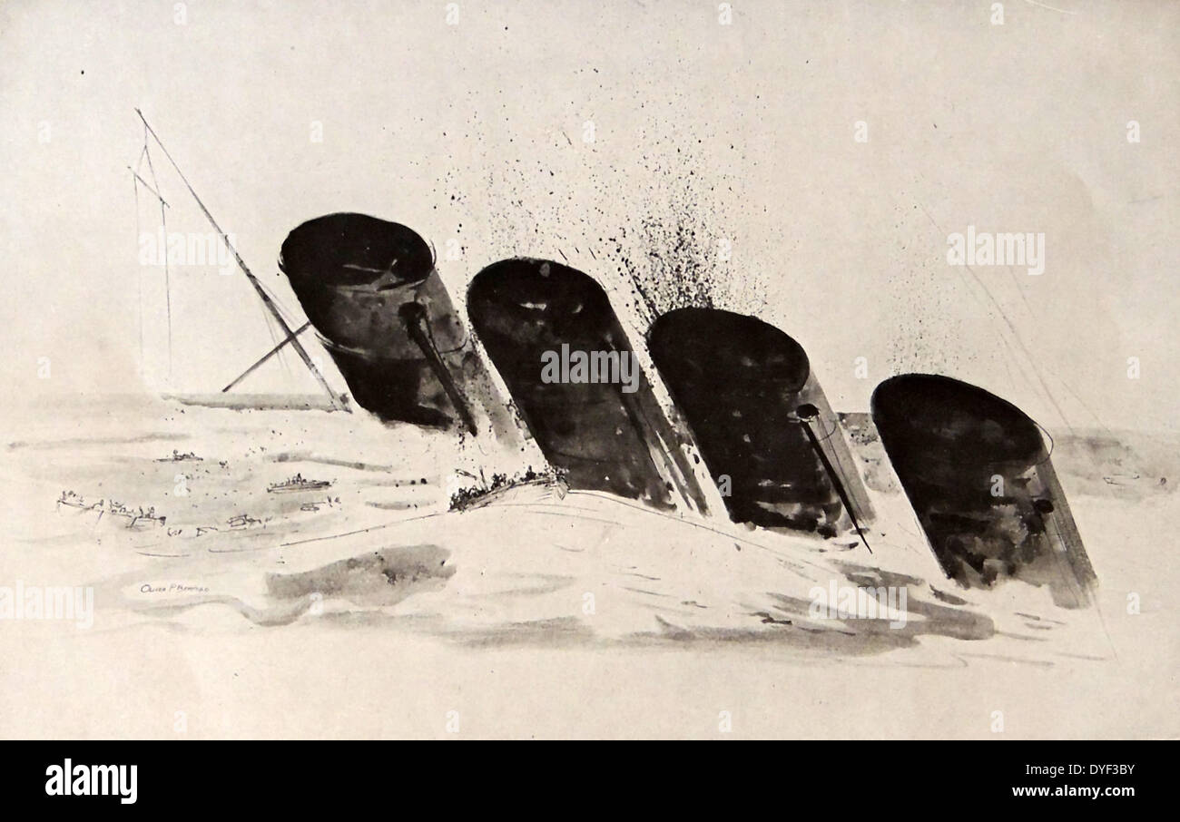 The funnels of the Lusitania as she sinks below the surface of the sea ...