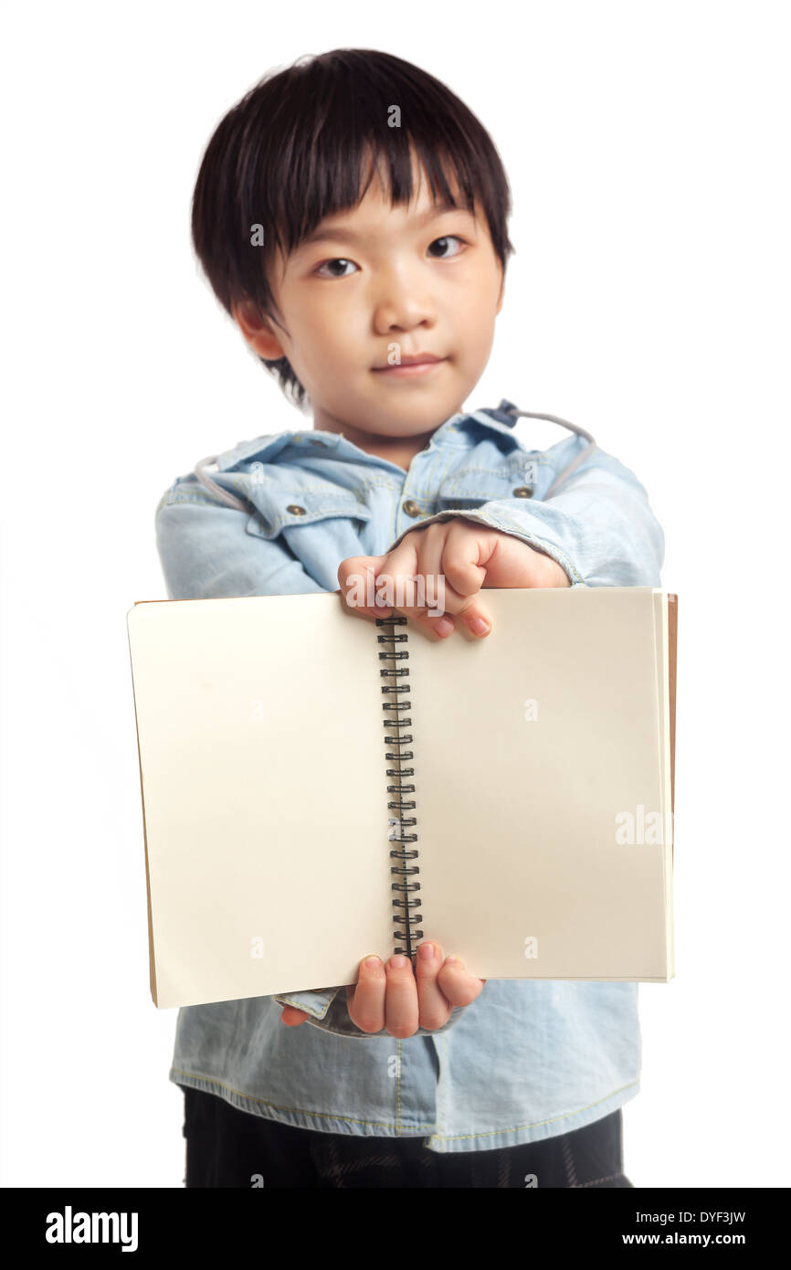 Boy holding blank notebook isolated on white background Stock Photo - Alamy