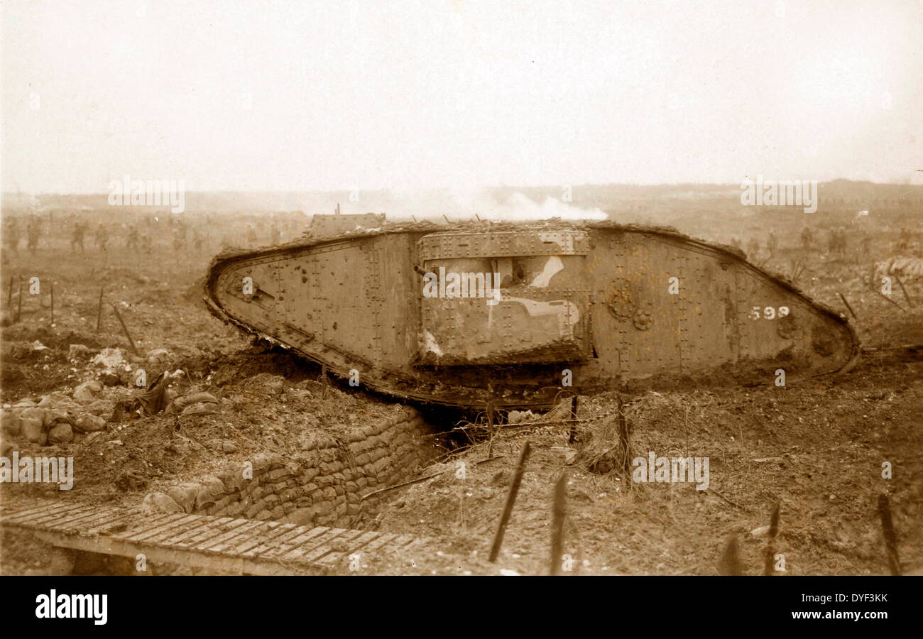 Tank at Vimy. British tank crossing German Trench at Vimy Ridge ...