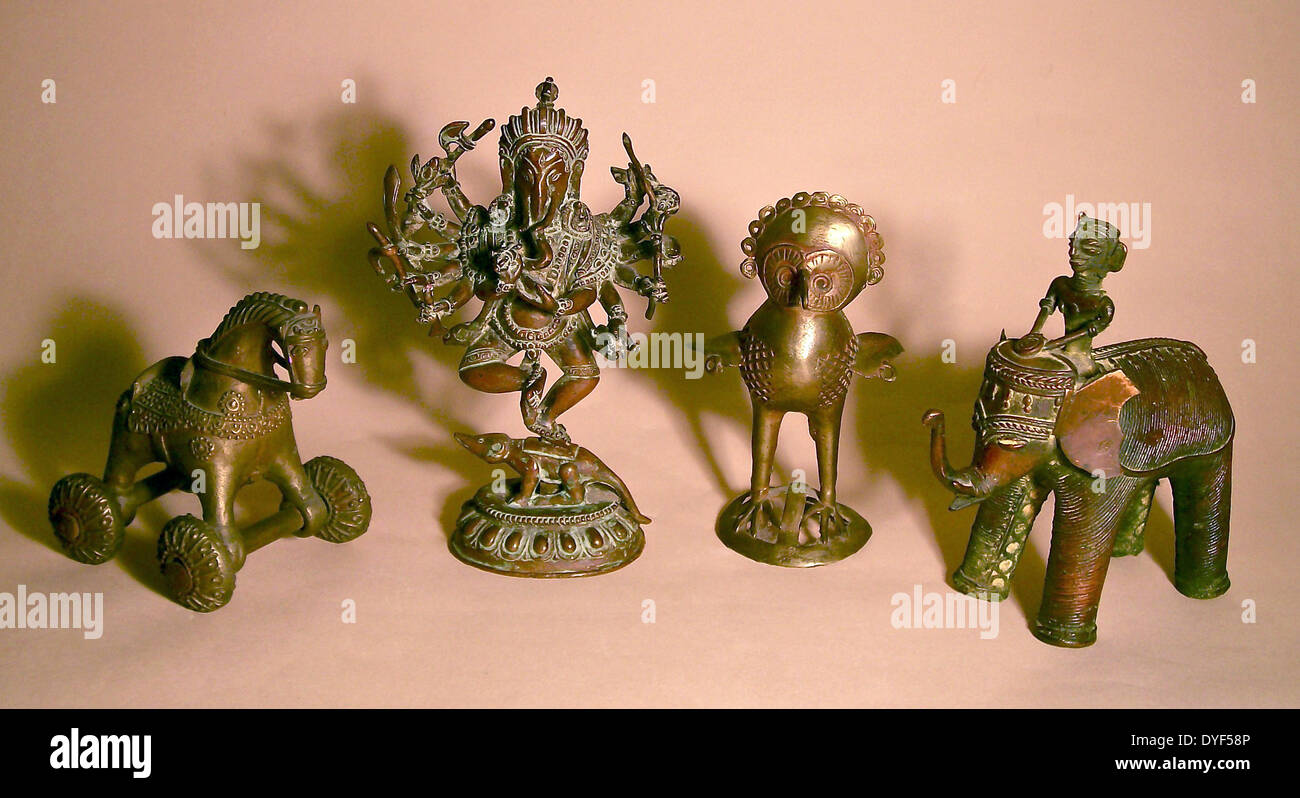 Indian bronzes - a wheeled horse; Ganesh, the Hindu God of Good Luck ...