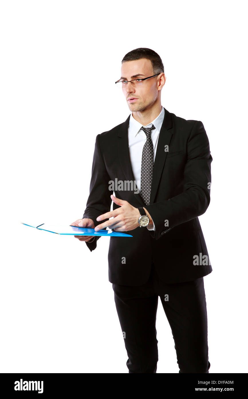 Portrait of a confident businessman with folder isolated on a white ...