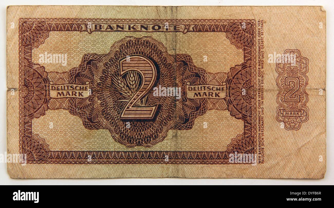 The backside of a two Deutschmark note issued by the East German ...