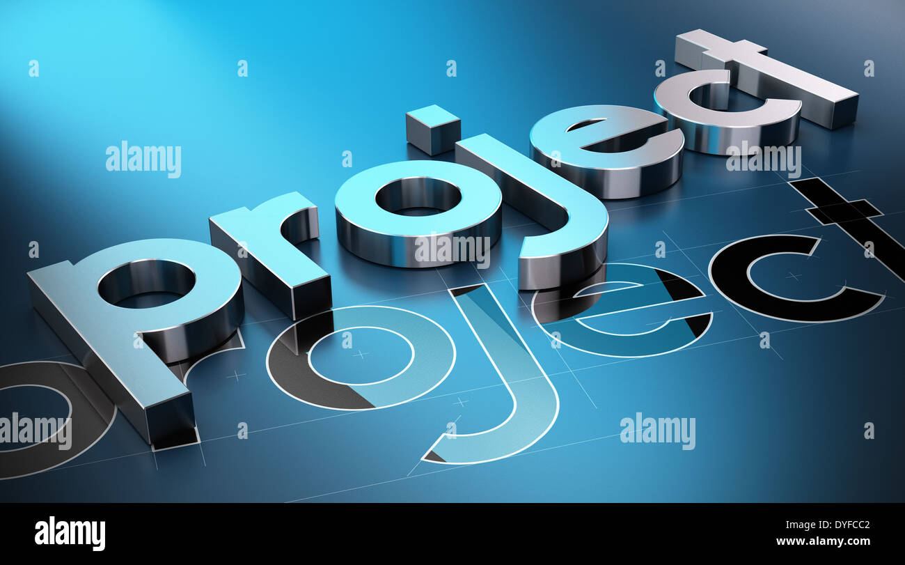 Three dimentional word over a blue drawing. Illustration of project ...