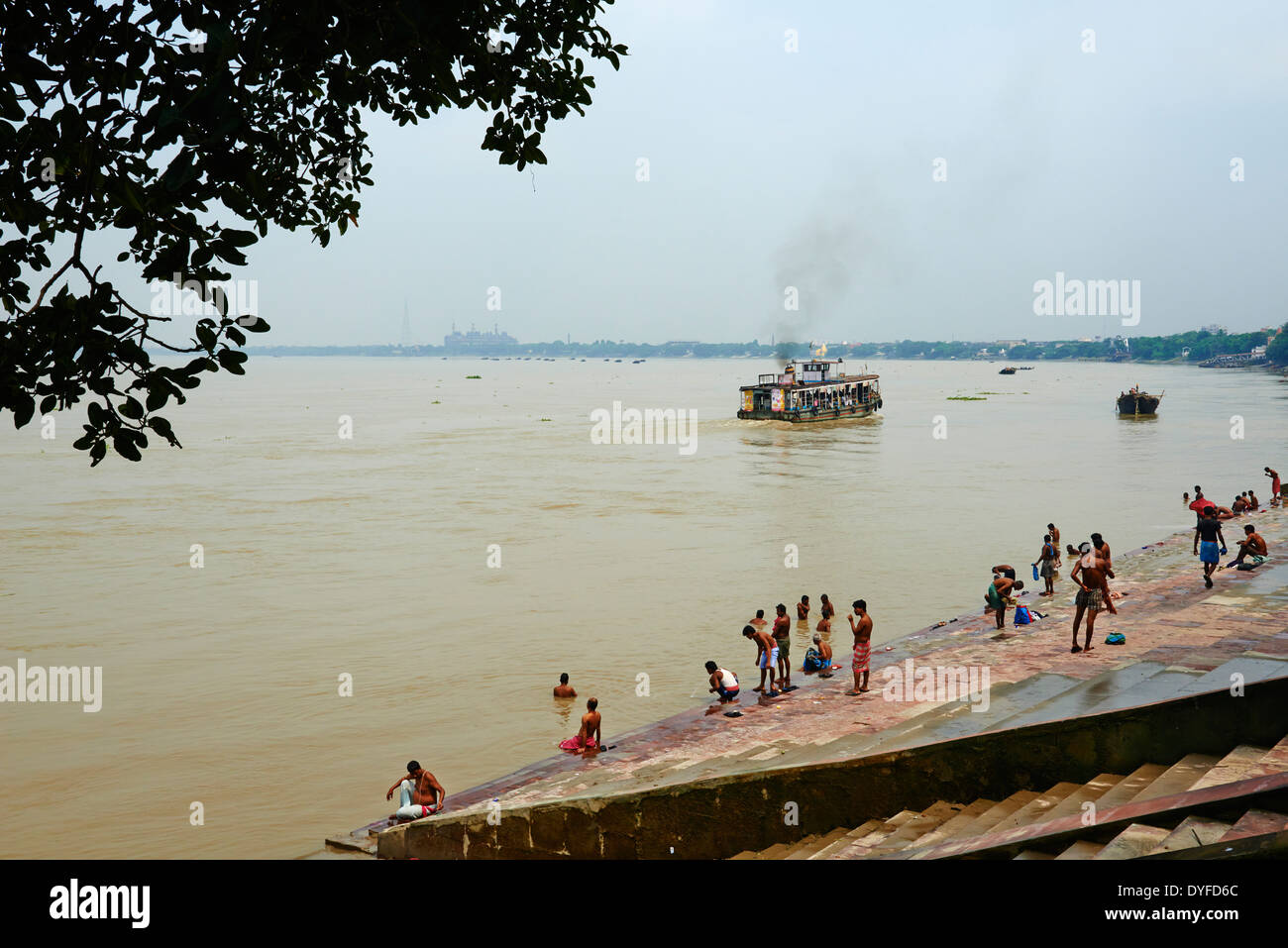 India, West Bengal, Kolkata, Calcutta, Ghat near Hooghly bridge, People ...