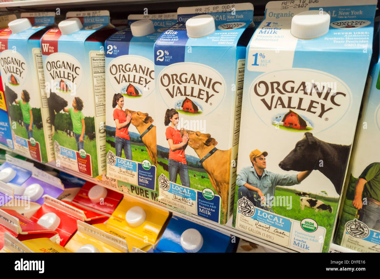 Containers of organic reduced free and whole milk in a supermarket ...