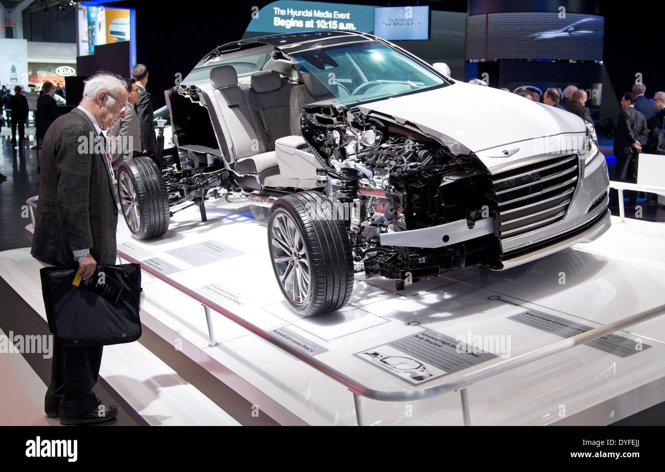 New York, USA. 16th Apr, 2014. A GDI Hyundai Genesis is on display at ...