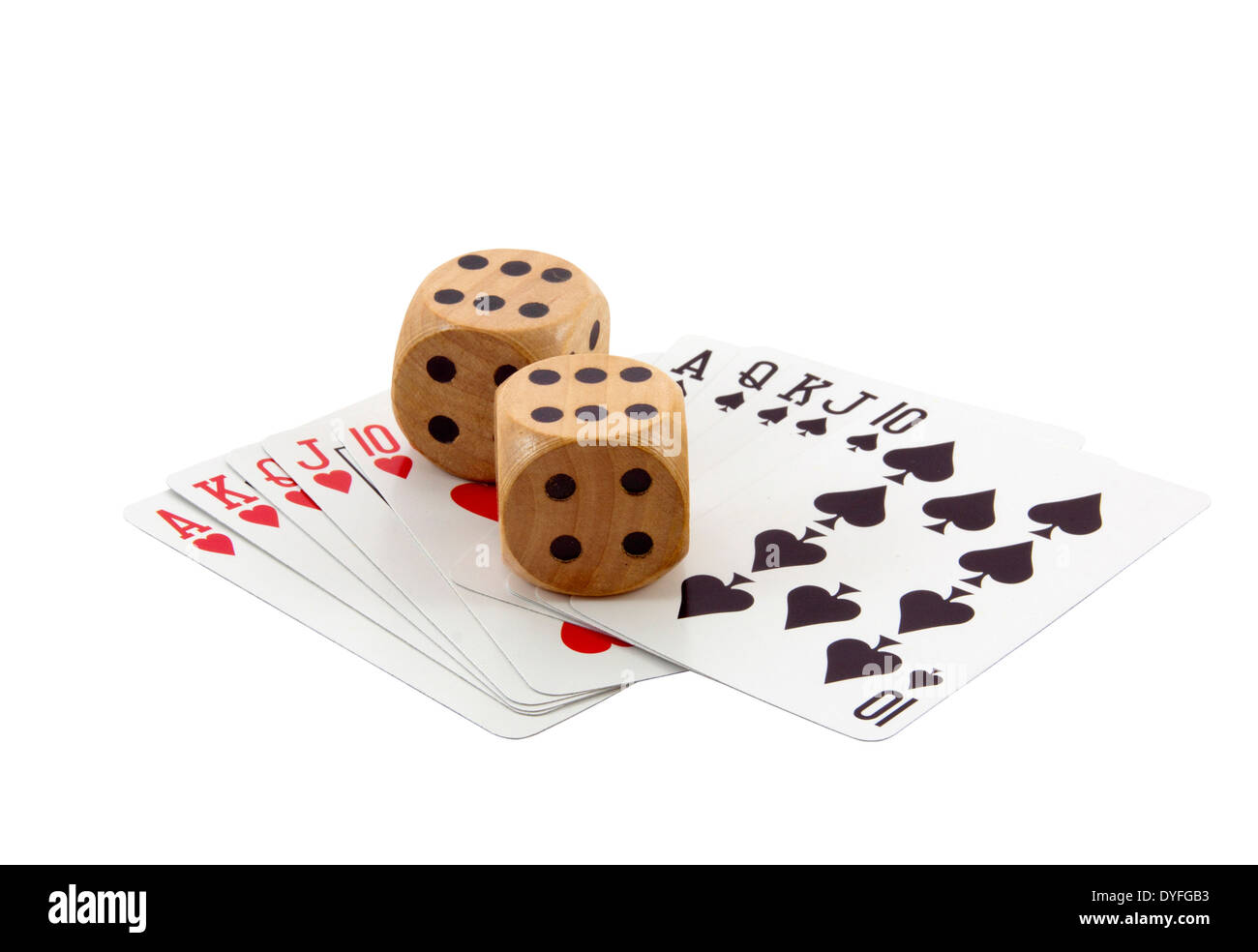 royal flushes in spades and hearts with wooden dice Stock Photo - Alamy