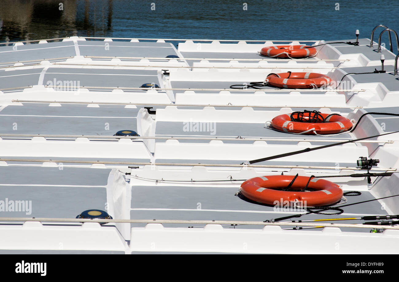 Life saving aids on hire boats Lifebelts attached to the deck of rental ...