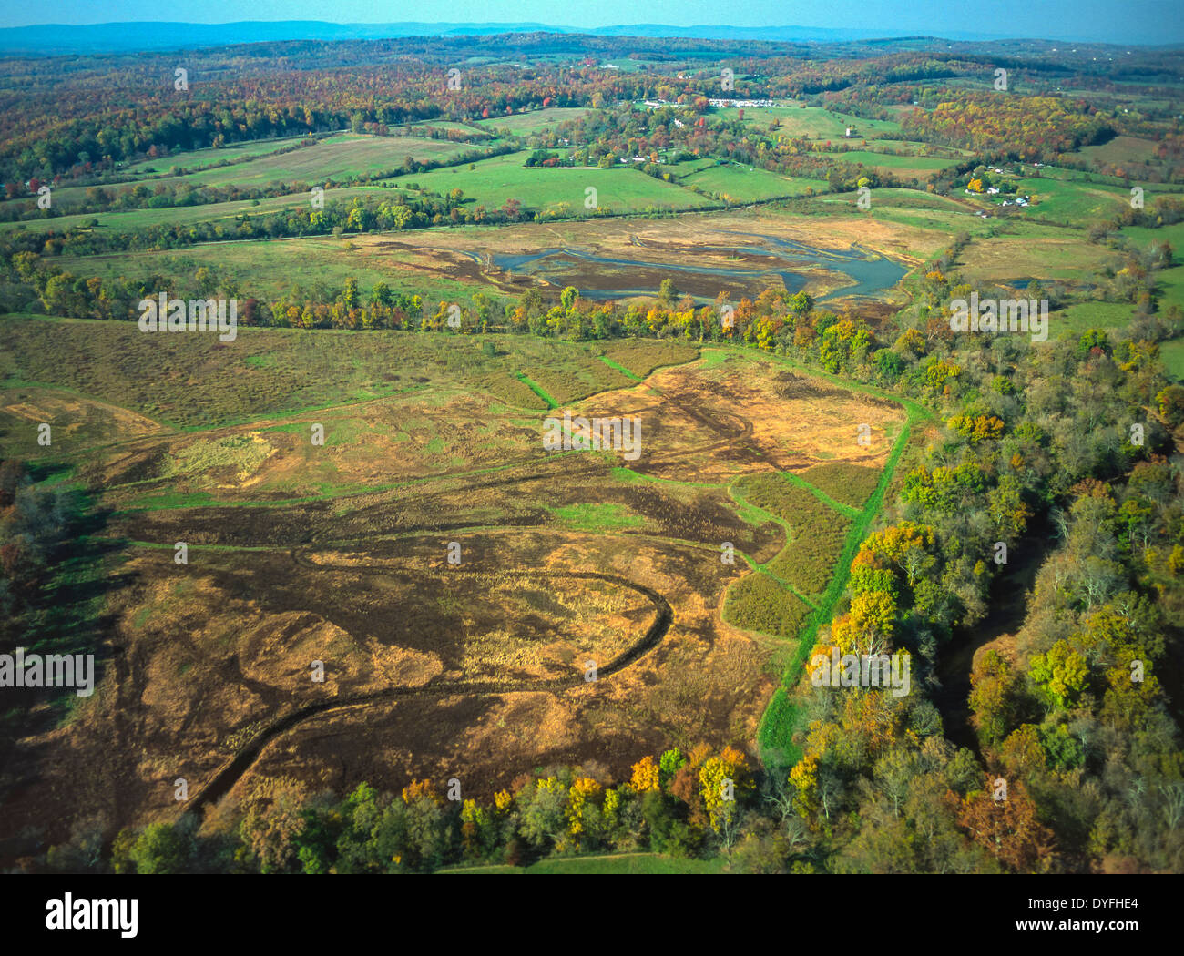 LOUDOUN COUNTY, VIRGINIA, USA - Aerial of man-made wetlands on Goose ...
