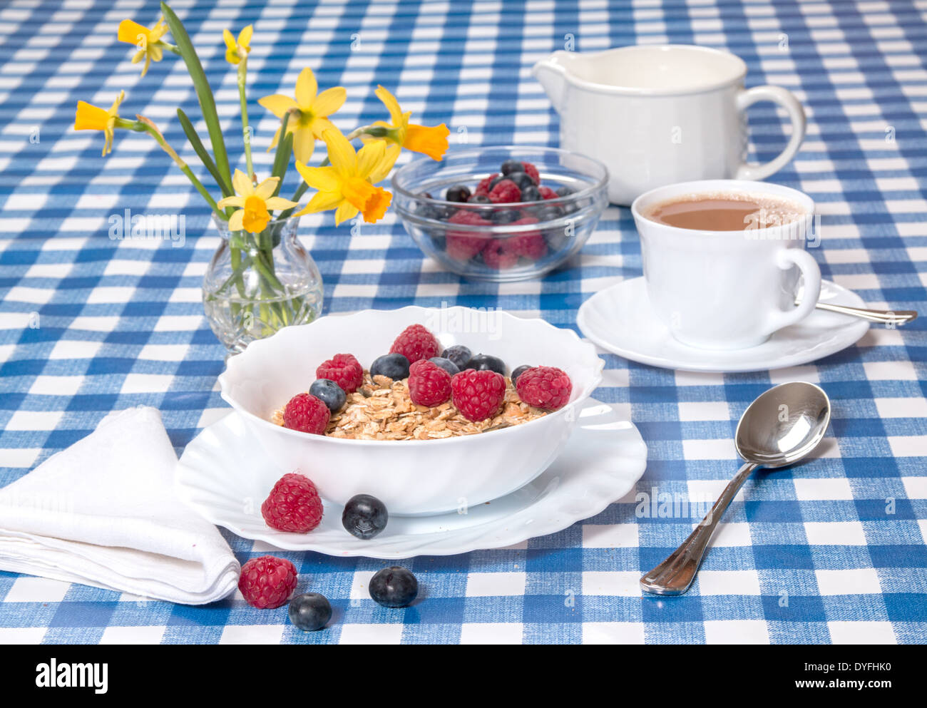 Breakfast on blue and white check granola fresh fruit and a cup of tea ...