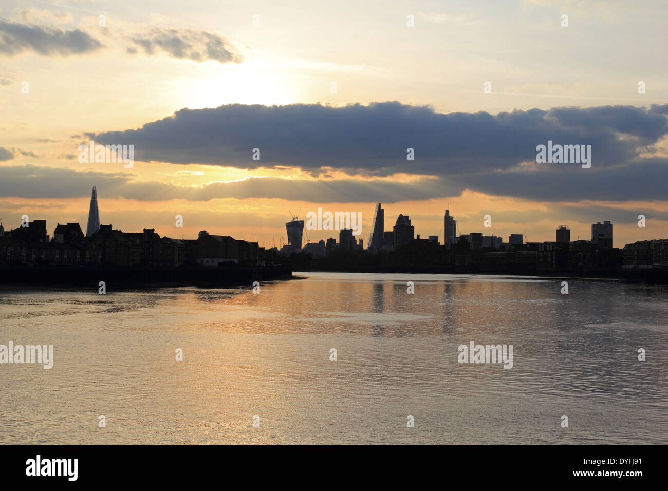 View towards the City along the River Thames at sunset from Canary ...