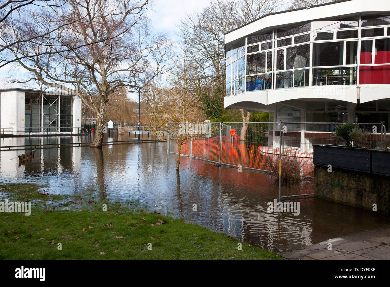 The flooded River Itchen at Park Avenue and Winchester School of Art ...