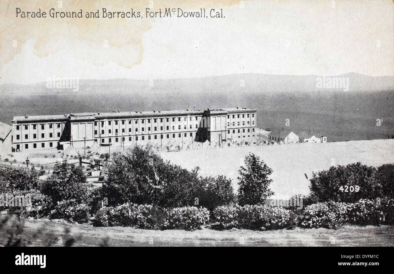 The image shows the parade ground and barracks at Fort McDowell, a ...