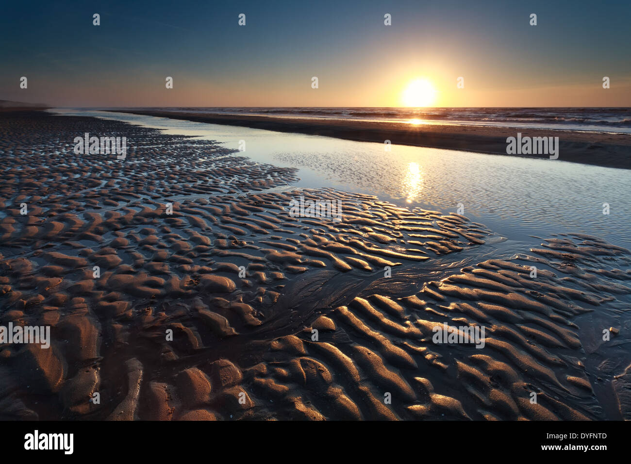 sand beach at low tide and sunset, North Holland, Netherlands Stock ...