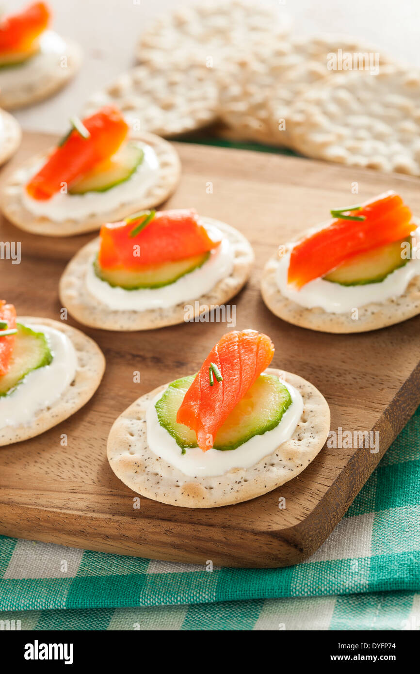 Salmon and Cracker Hor D'oeuvres with Chives and Sour Cream Stock Photo ...