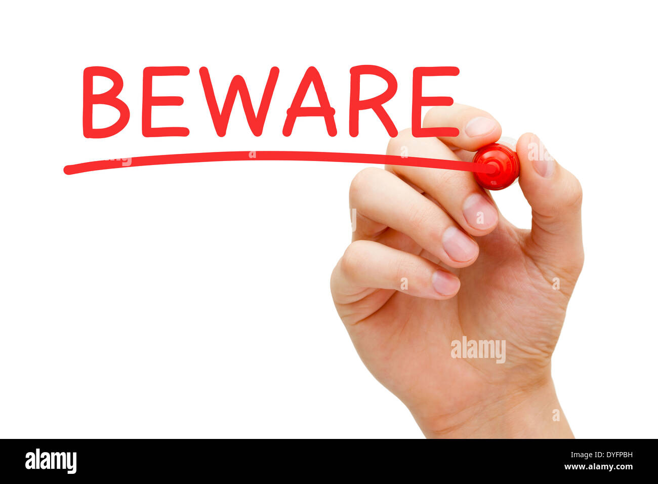 Hand writing Beware with marker on transparent wipe board Stock Photo ...