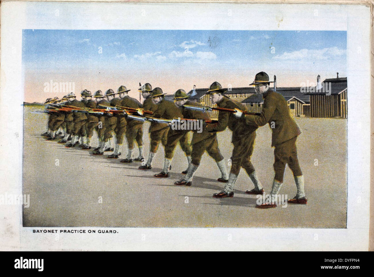This photograph shows soldiers participating in bayonet practice, a key ...