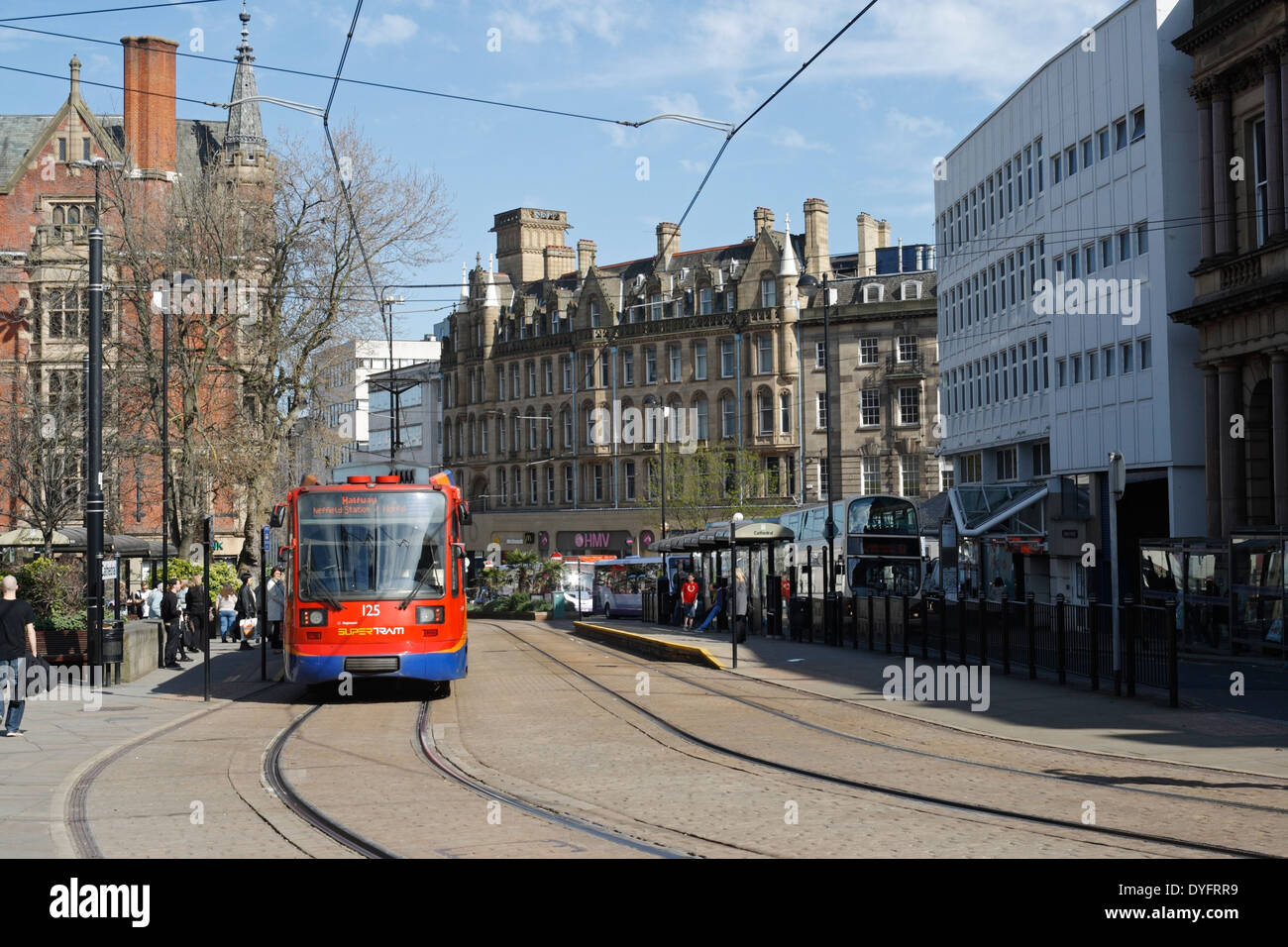 Sheffield Supertram at the cathedral tram stop. Sheffield city centre ...