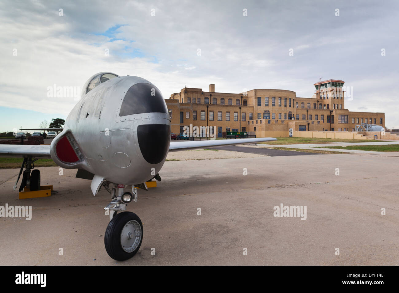 USA, Kansas, Wichita, Kansas Aviation Museum exterior with T-33 USAF ...