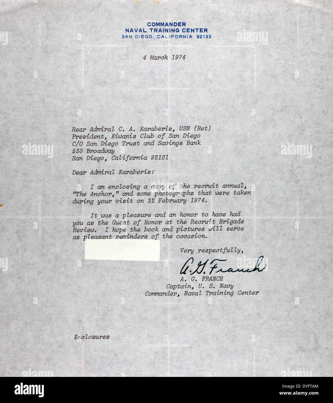 This letter from Captain A.G. Franch expresses gratitude to a guest of ...