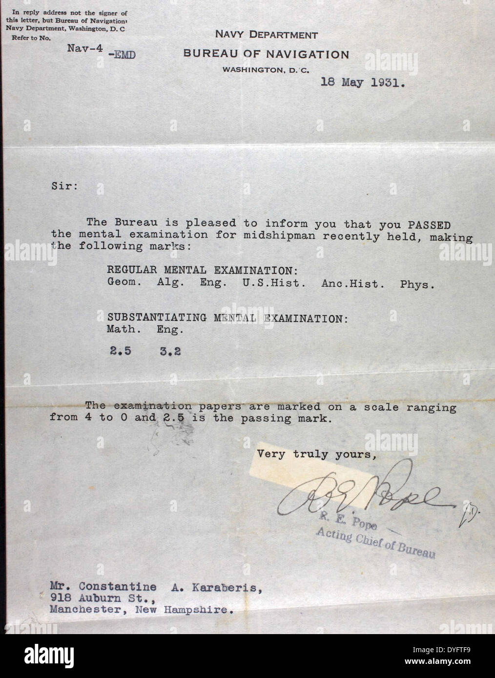 This letter from the Navy Department's Bureau of Navigation offers ...