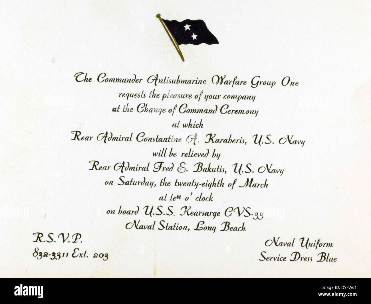 This invitation marks the Change of Command ceremony for Rear Admiral ...