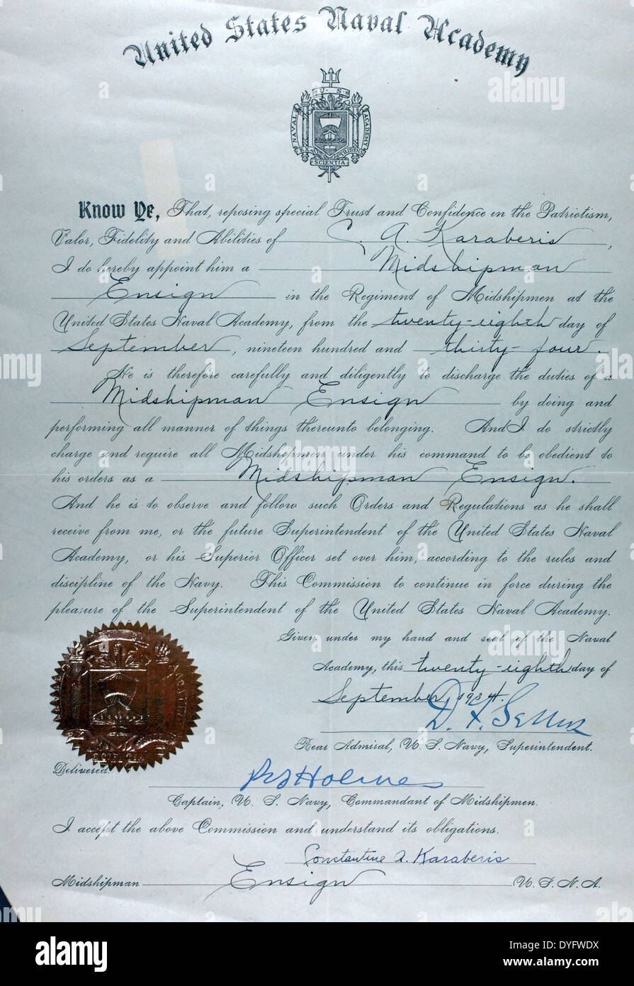 This certificate formally appoints Karaberis to the rank of Ensign in ...