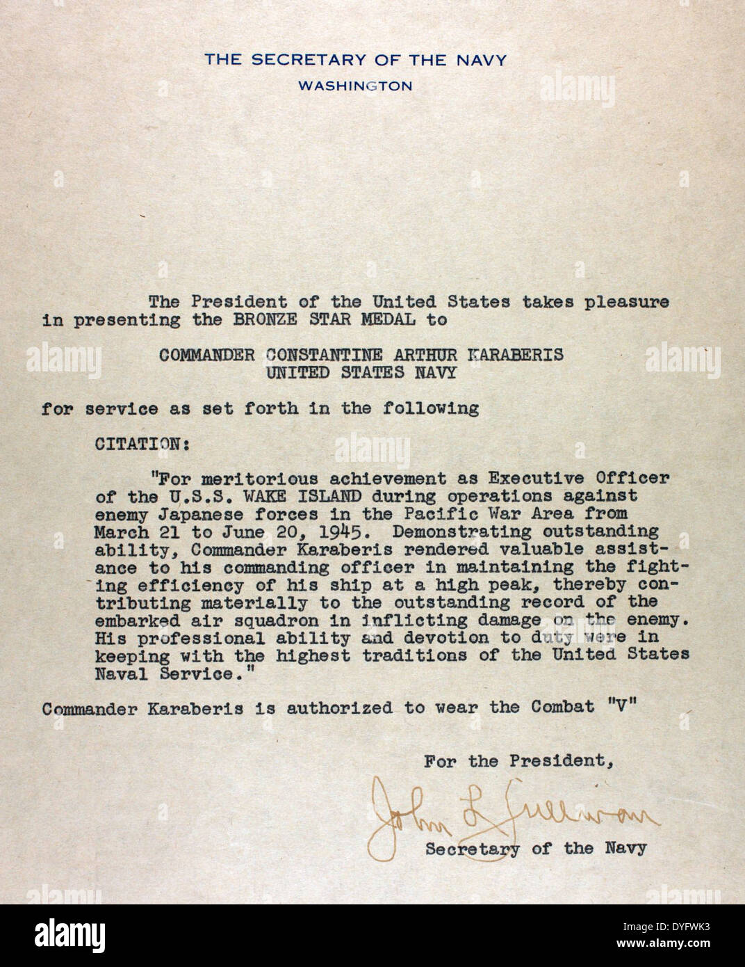 This letter represents the award of the Bronze Star Medal, a military ...