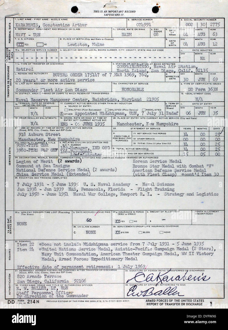 The DD-214 discharge papers of Constantine Karaberis, a military ...