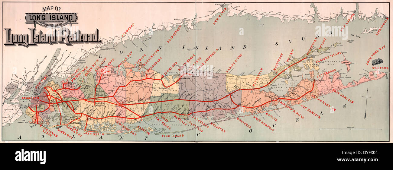 Map of Long Island showing the Long Island Railroad 1895 Stock Photo ...