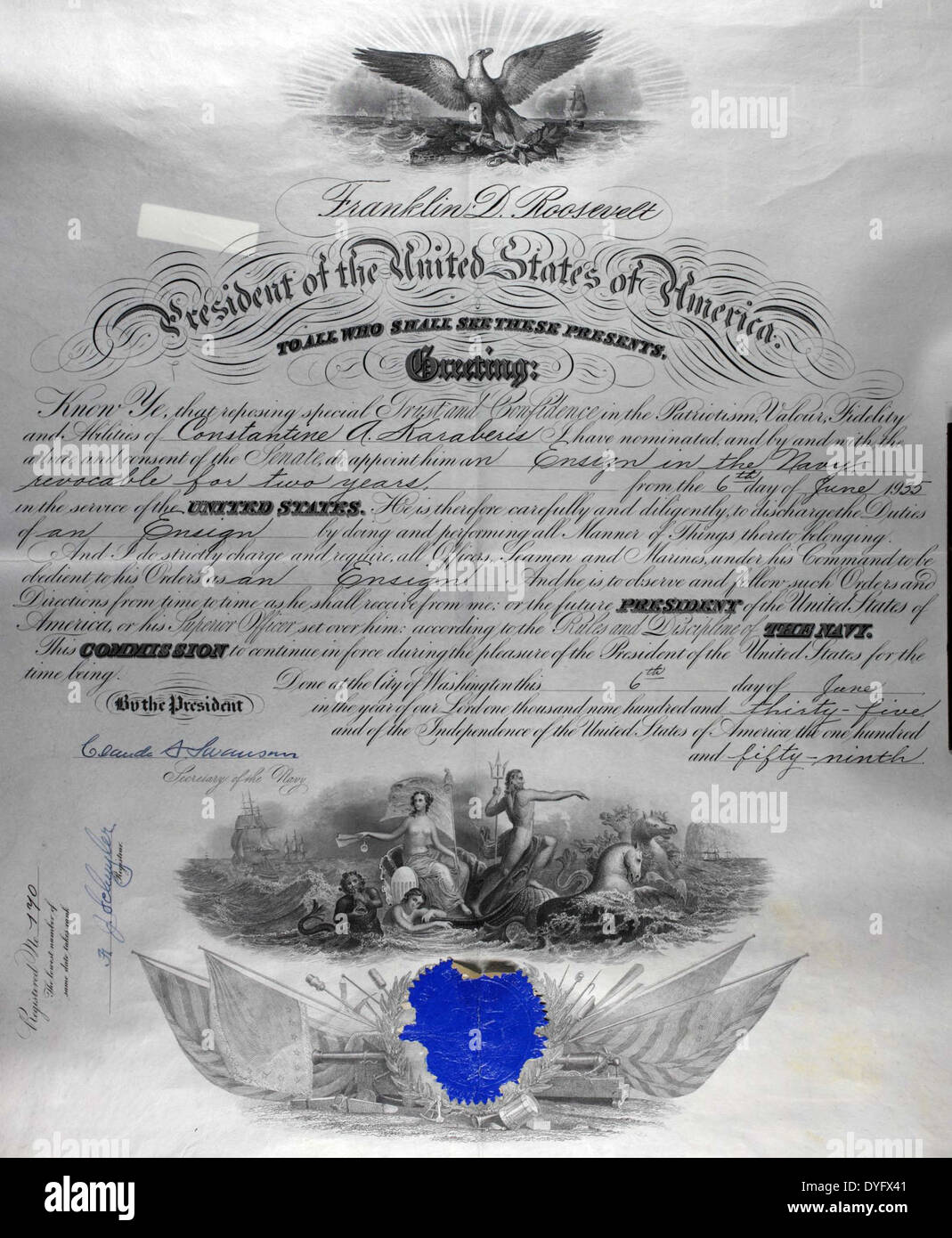 Certificate appointing Karaberis to rank of Ensign Stock Photo - Alamy