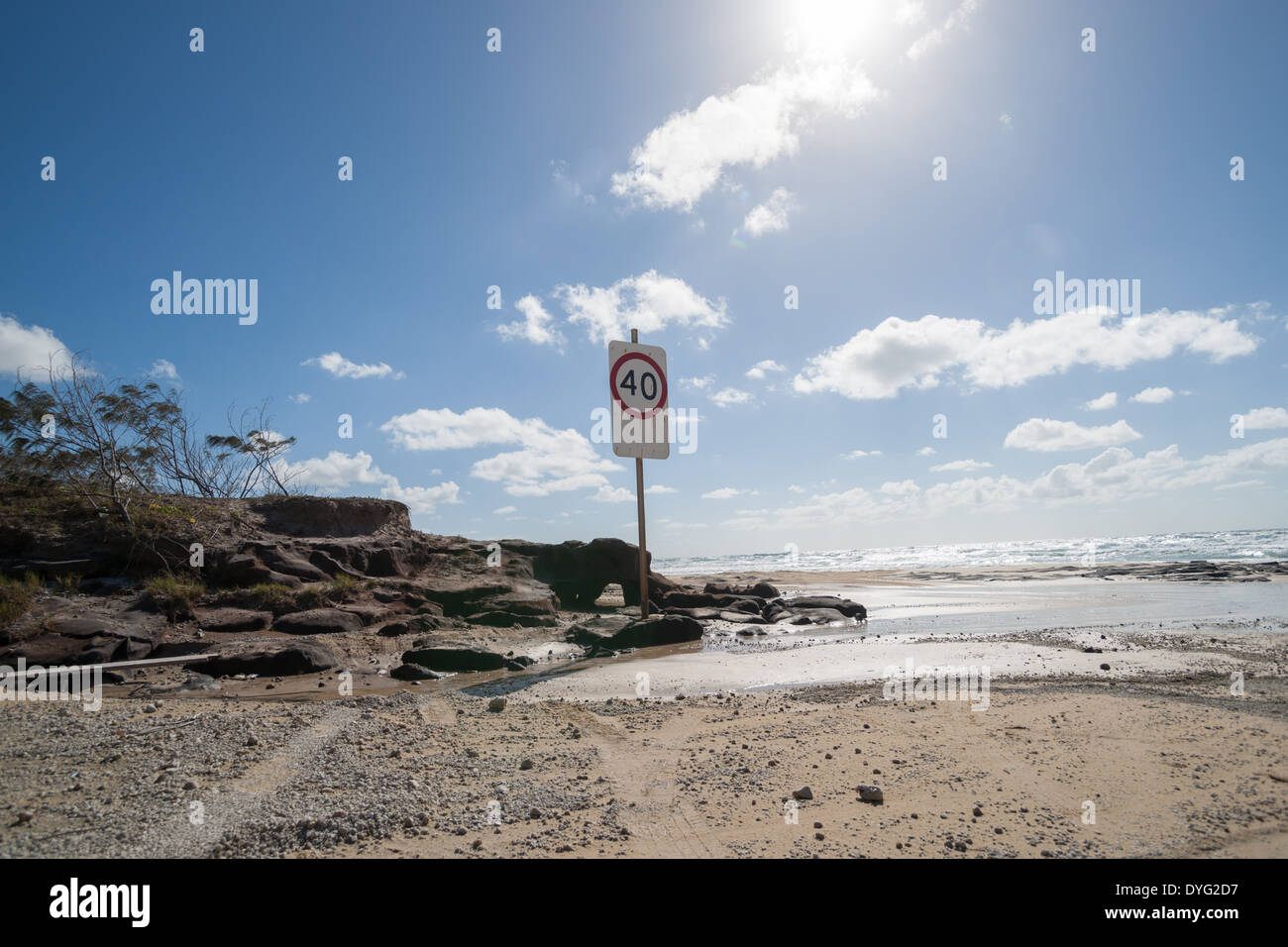 Driver speed restriction sign on Fraser Island, Ten Mile beach in March ...
