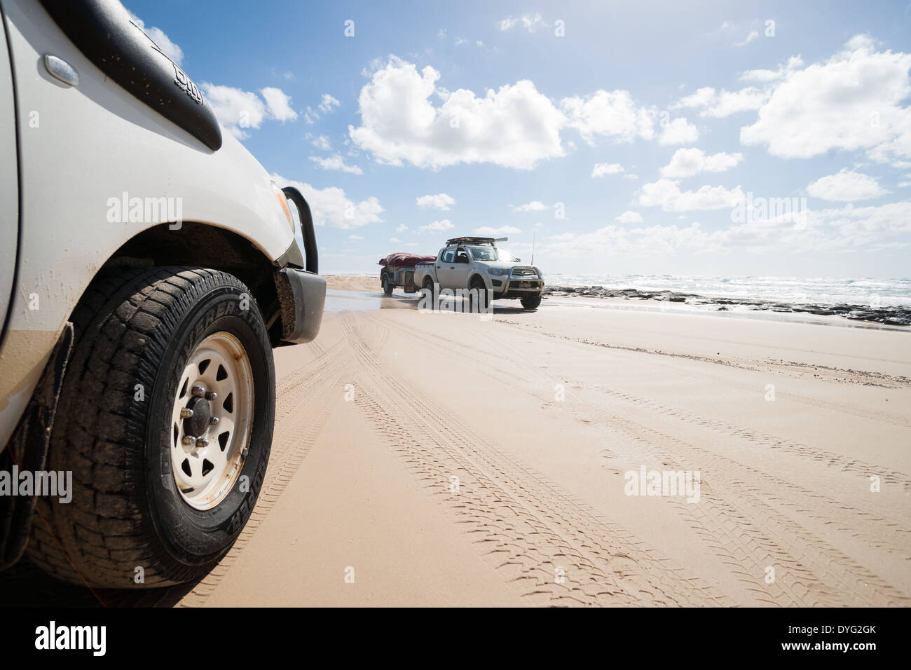 Tourist transportation along the Ten Mile beach on Fraser island ...