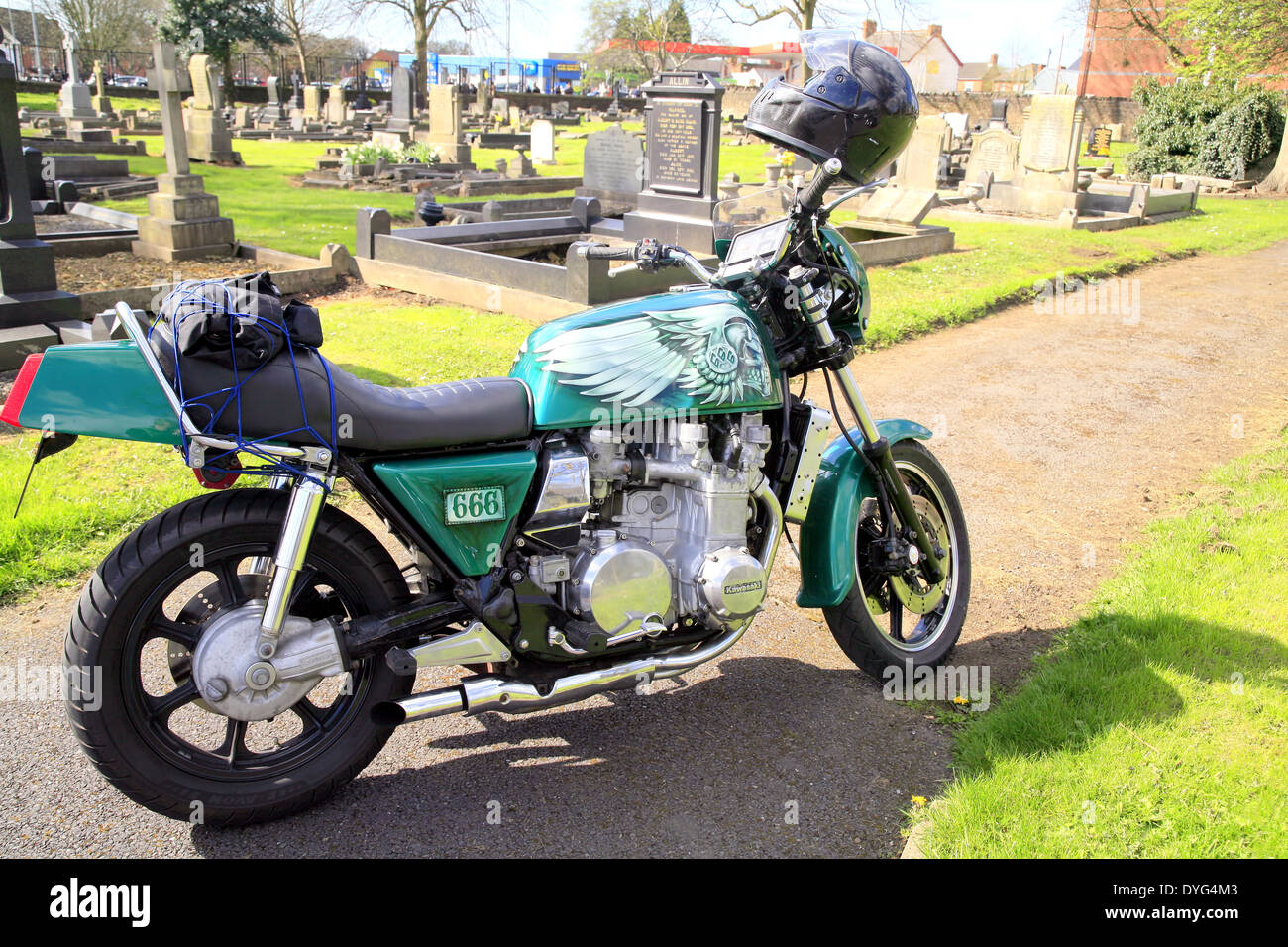 A Hells Angel motorcycle with graphics of 666, the Devil's number in a ...