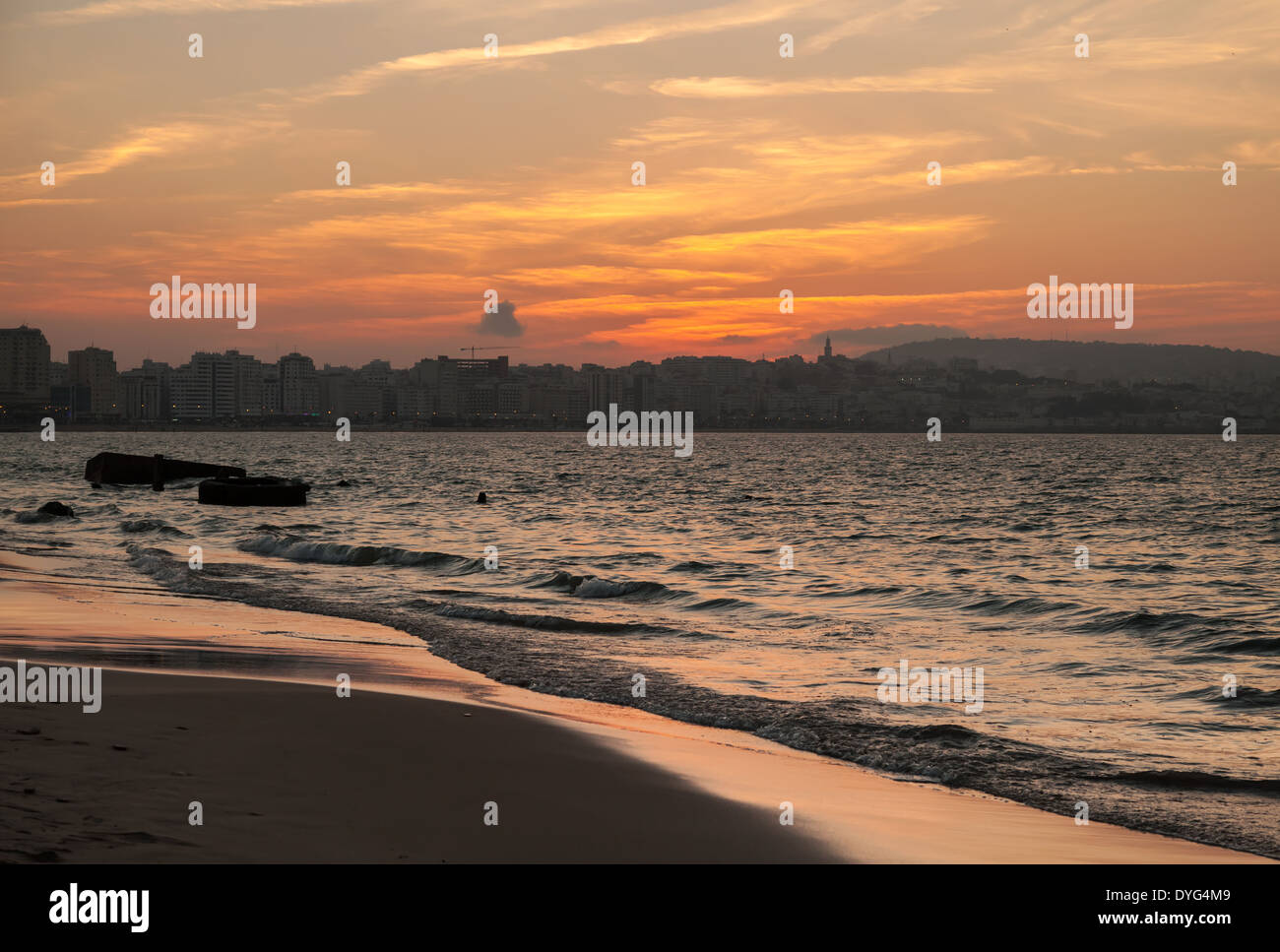 Atlantic ocean coast, bright sunset above Tangier, Morocco Stock Photo ...